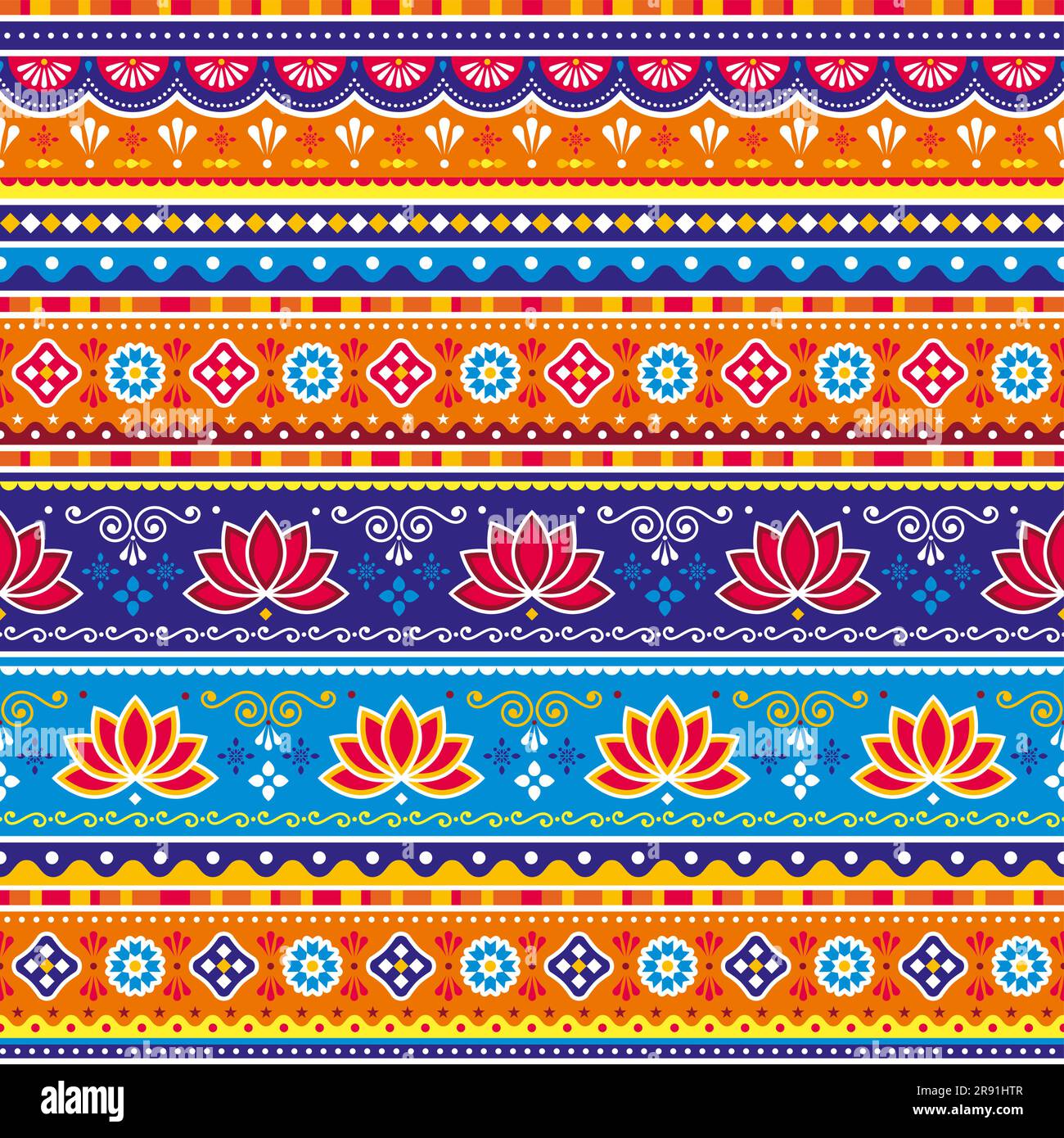 Pakistani or Indian truck art vector seamless unique pattern with lotus ...