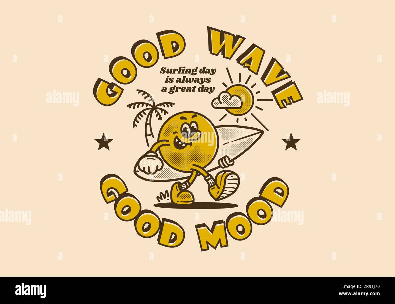 surfer mascot character walking with happy face holding a surfing board ...