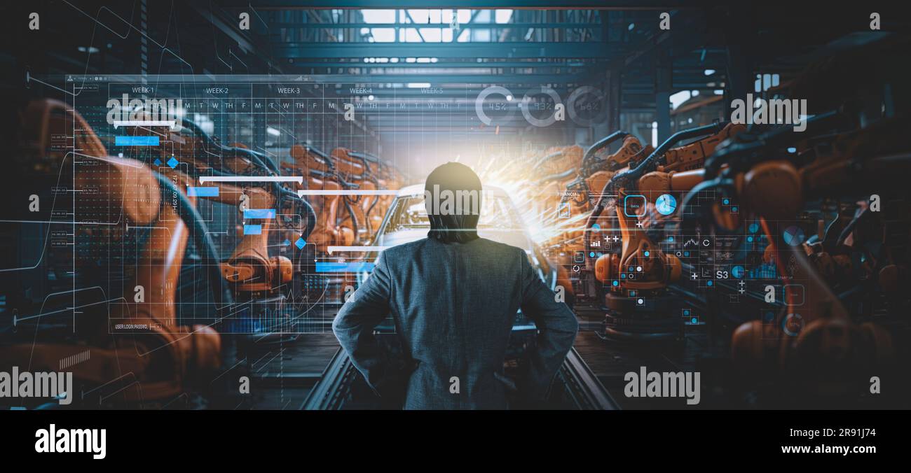 Engineer check and control welding robotics automatic arms machine in ...