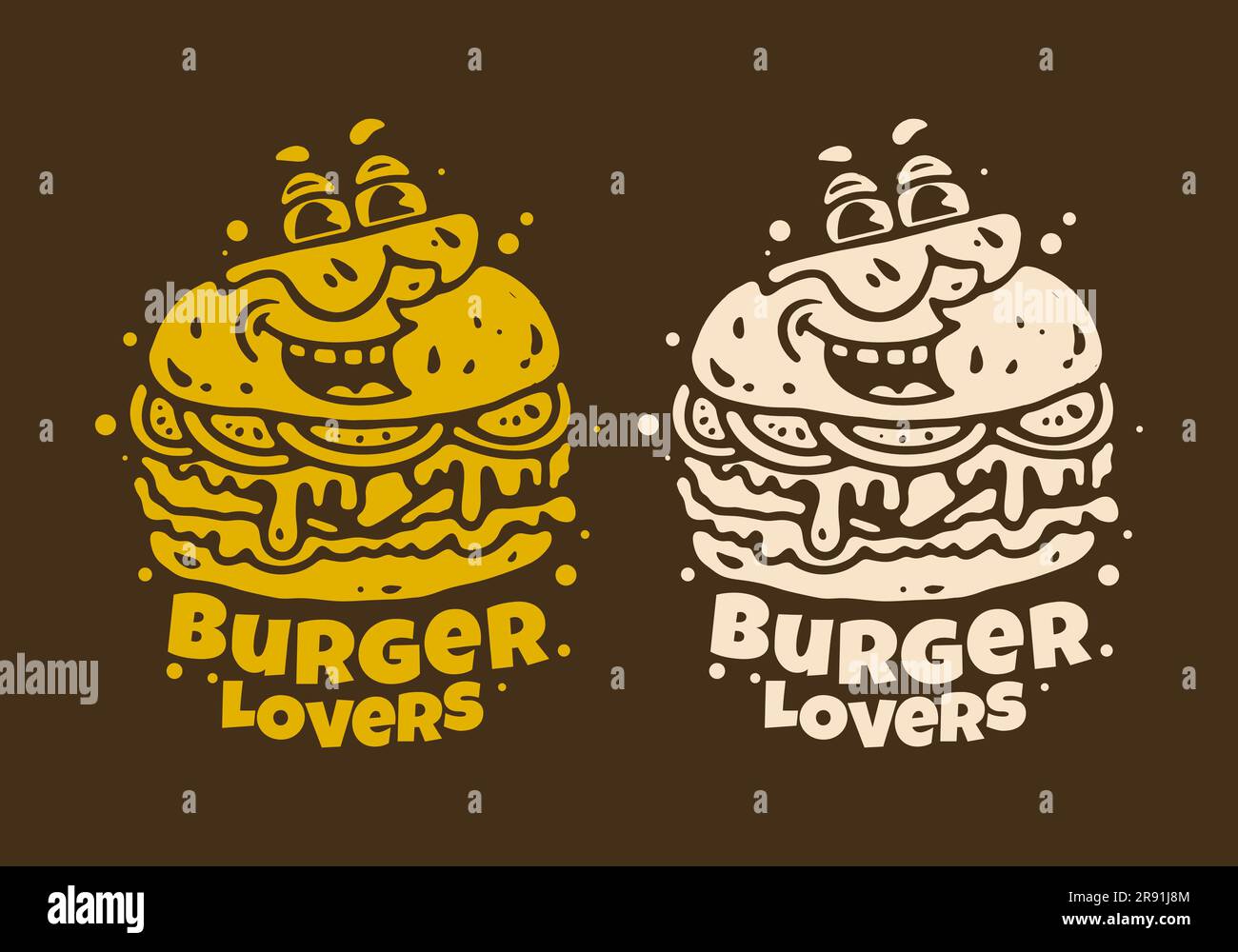 burger mascot character with happy face, drawing in two colors, yellow ...