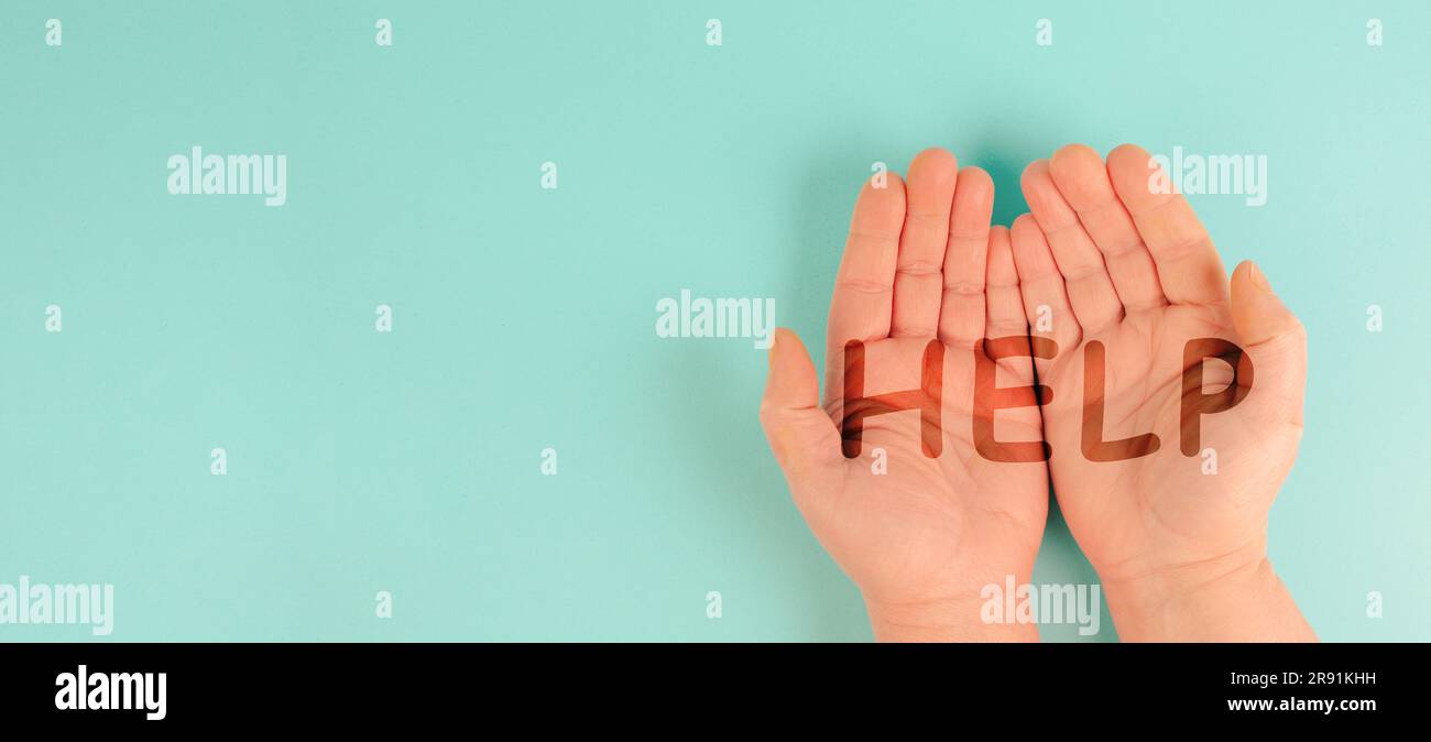 ands with the word help, support and charity concept, social issue ...