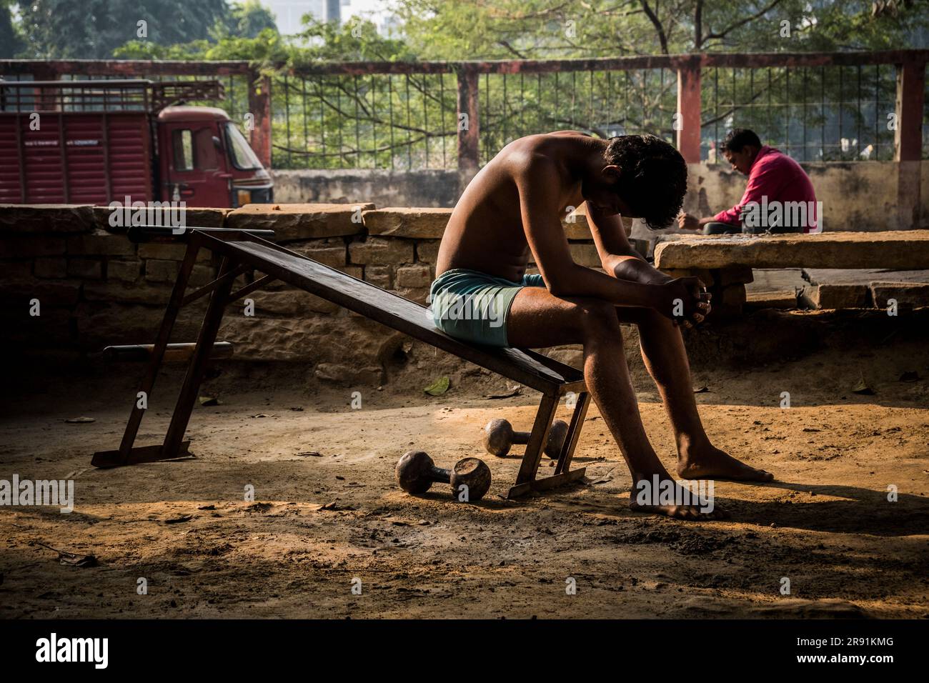 An exhausted Kushti wrestler at an Akhara in Varanasi, India Stock ...