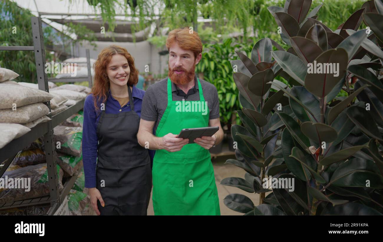 A male staff showing inventory to female colleague at local plant shop ...