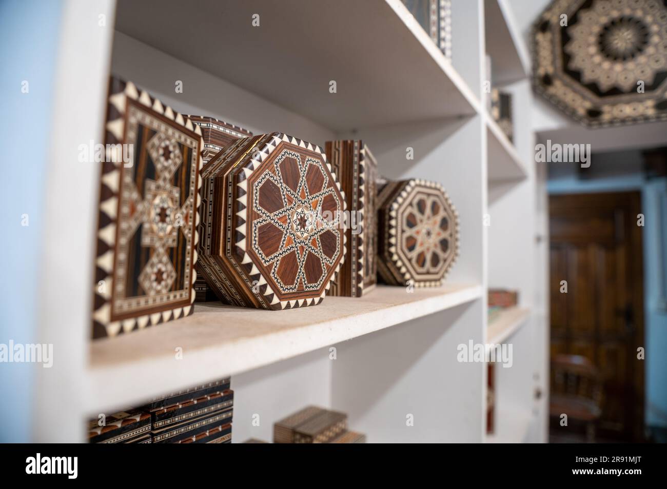 A close-up image of a selection of traditional Spanish craft items, on ...