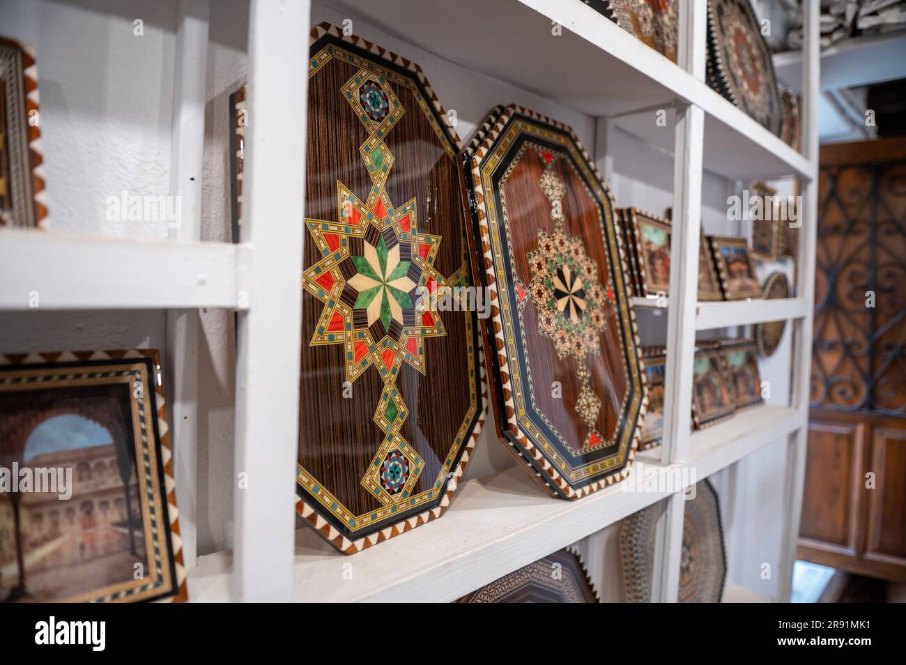 A close-up image of a selection of traditional Spanish craft items, on ...