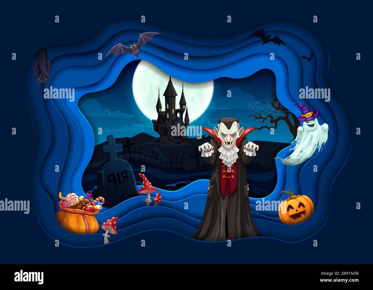 Halloween cartoon vampire paper cut poster. Vector 3d design with scary ...