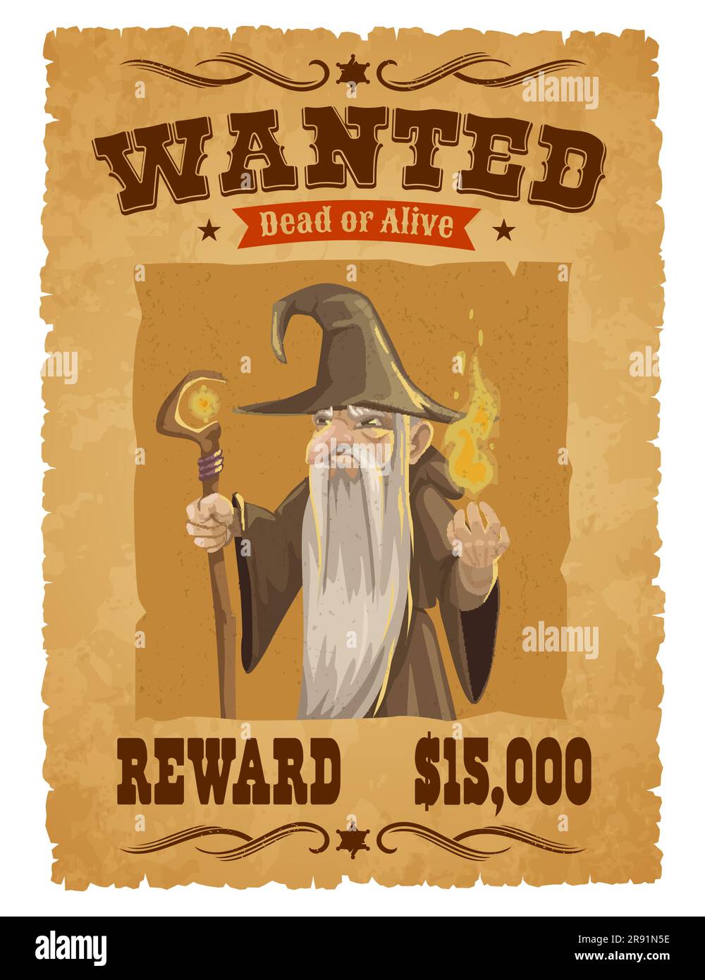 Halloween wanted banner cartoon angry wizard. Vector evil mage ...