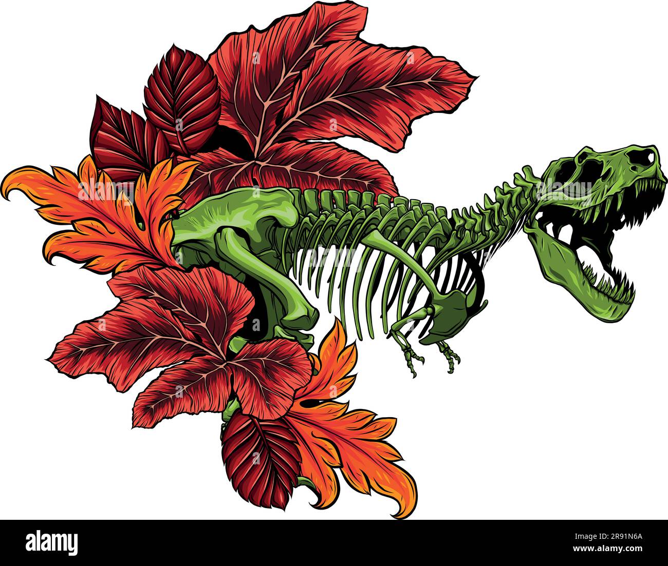 vector illustration of Tyrannosaurus Rex dinosaur skeleton with leaves Stock Vector Image & Art ...