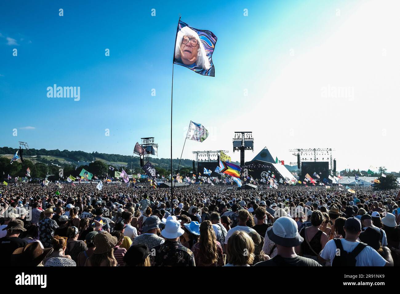 Glastonbury, UK. 23rd June, 2023. Atmosphere in the crowd photographed ...