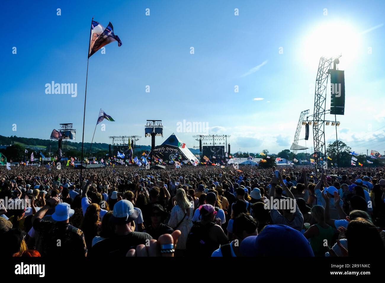 Glastonbury, UK. 23rd June, 2023. Atmosphere in the crowd photographed ...