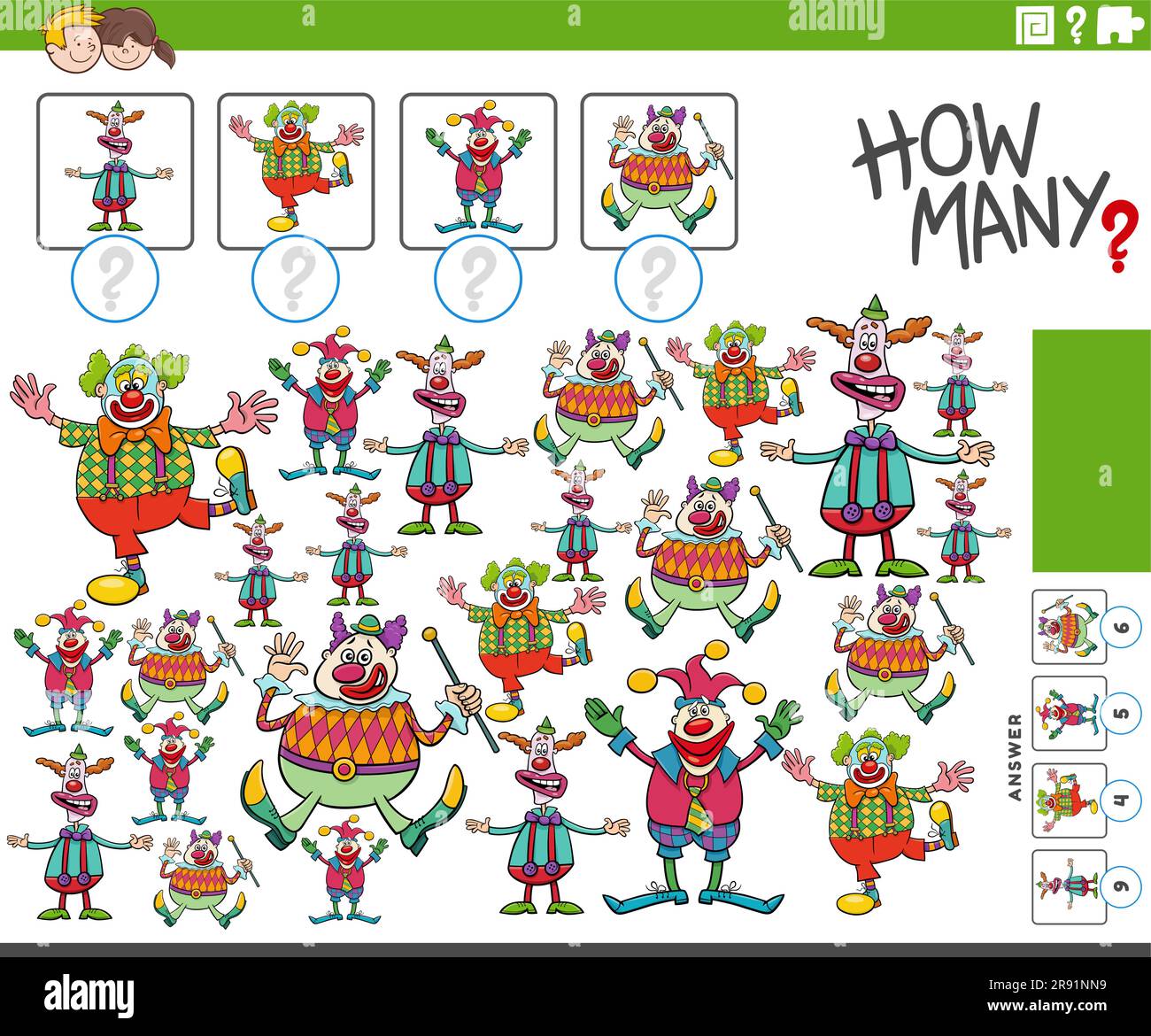 Cartoon illustration of educational counting game with clowns ...