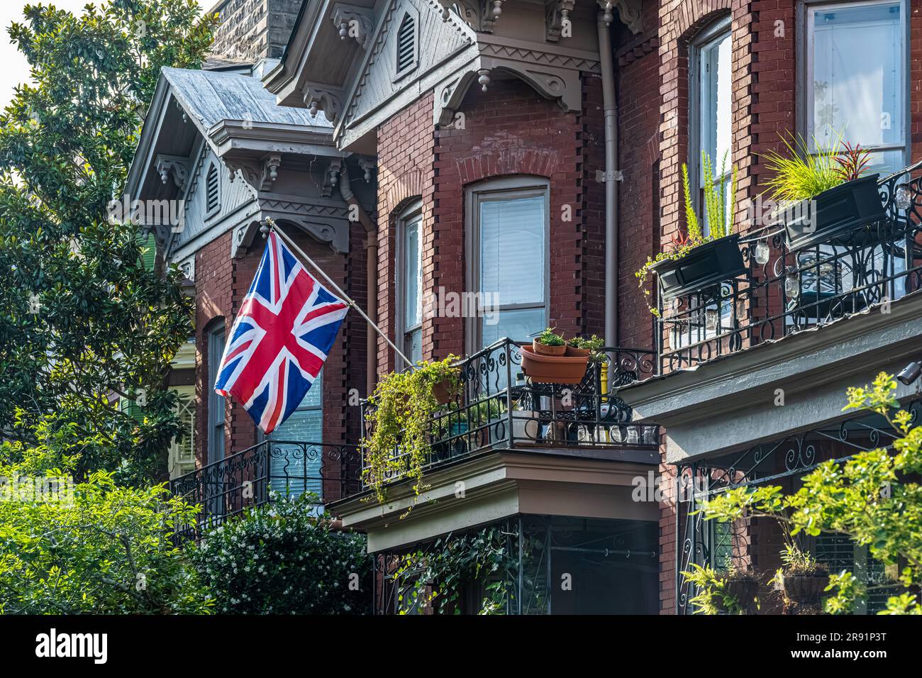 British flag displayed from the balcony of a home in Savannah, Georgia ...