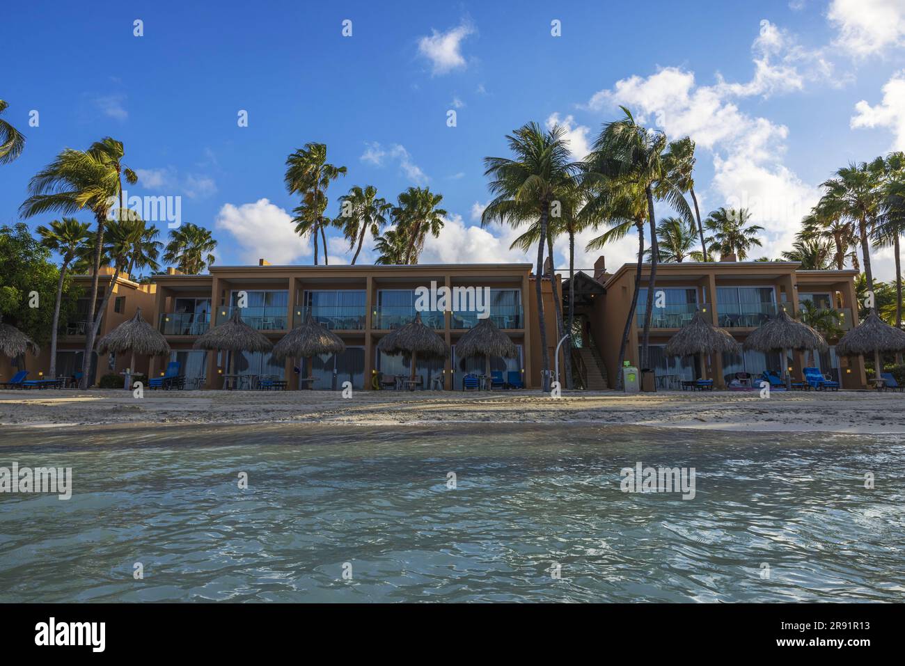 Beautiful view of sand beach coast from Atlantic ocean side with hotel ...
