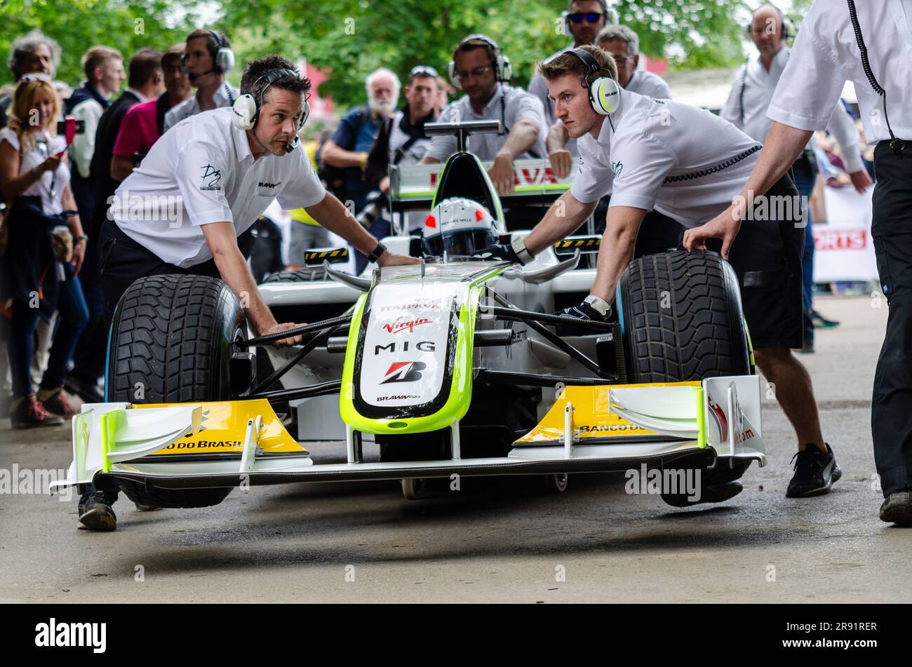 Brawn BGP 001 Formula 1, Grand Prix racing car leaving the assembly ...