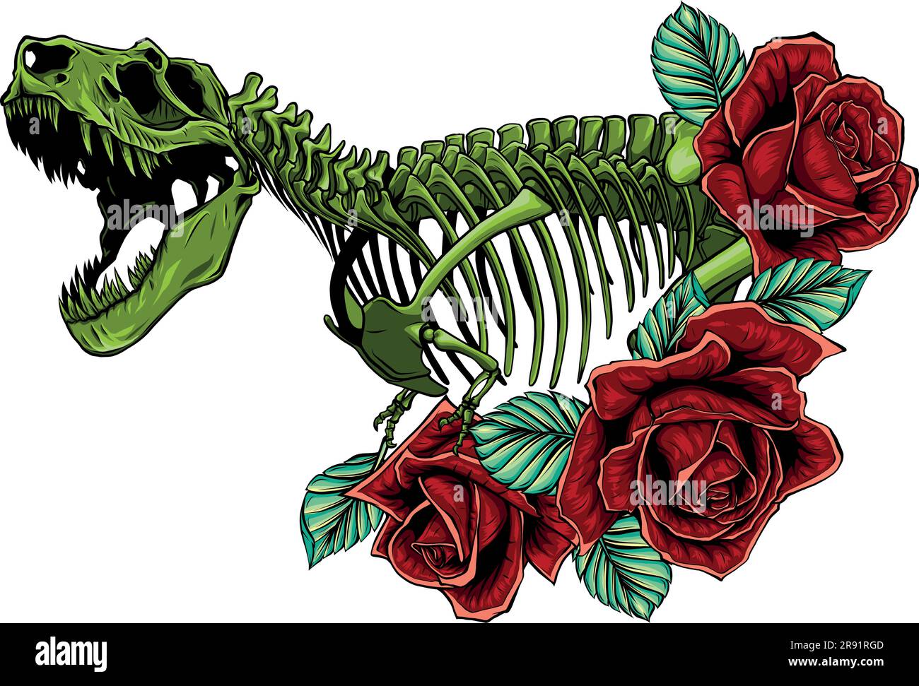 Vector Illustration of skeleton of Dinosaur Tyrannosaurus Rex with roses and leaves Stock Vector ...