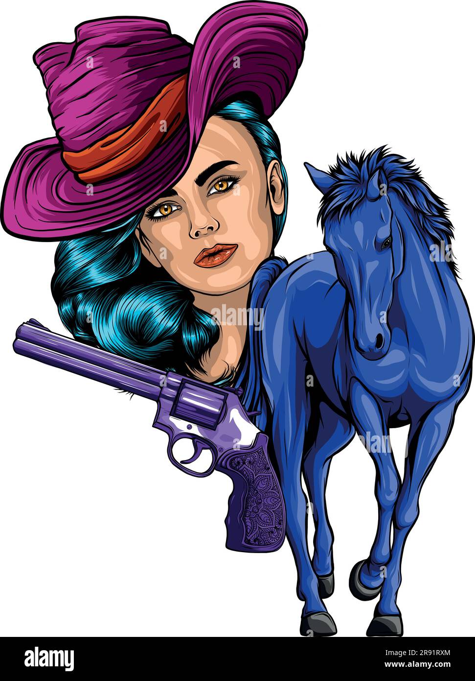 cowgirl woman wearing cowboy hat and with wild mustang horse head ... cowgirl woman wearing cowboy hat and with wild mustang horse head ...