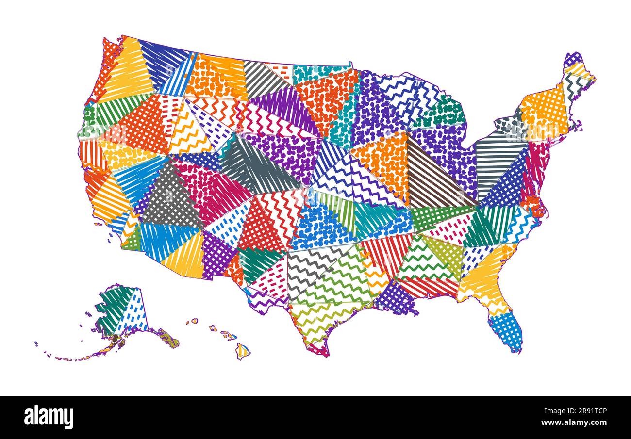 Kid style map of USA. Hand drawn polygons in the shape of USA. Vector ...