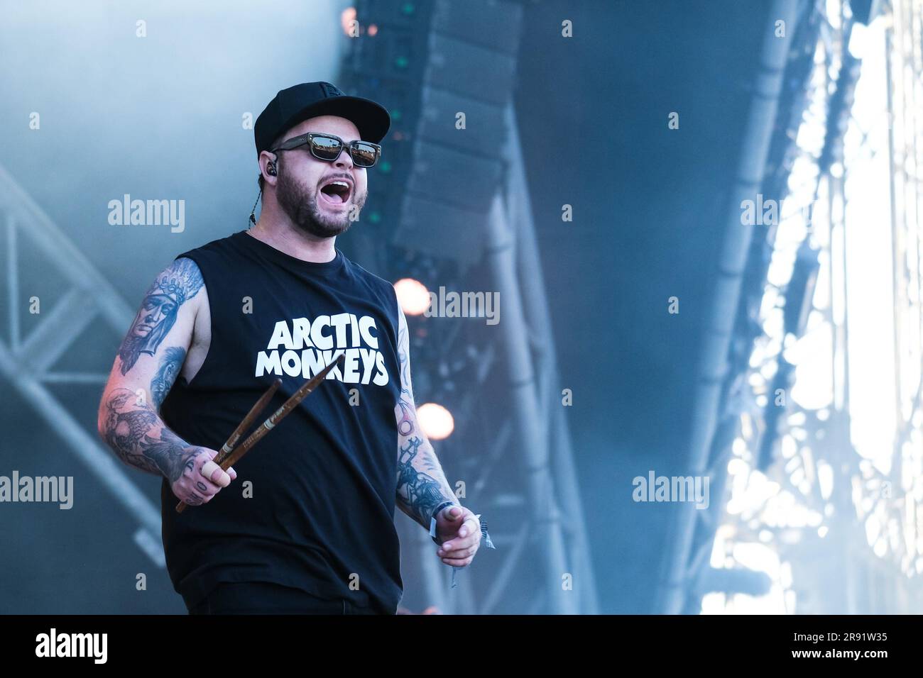 Glastonbury, UK. 23rd June, 2023. Ben Thatcher of Royal Blood ...