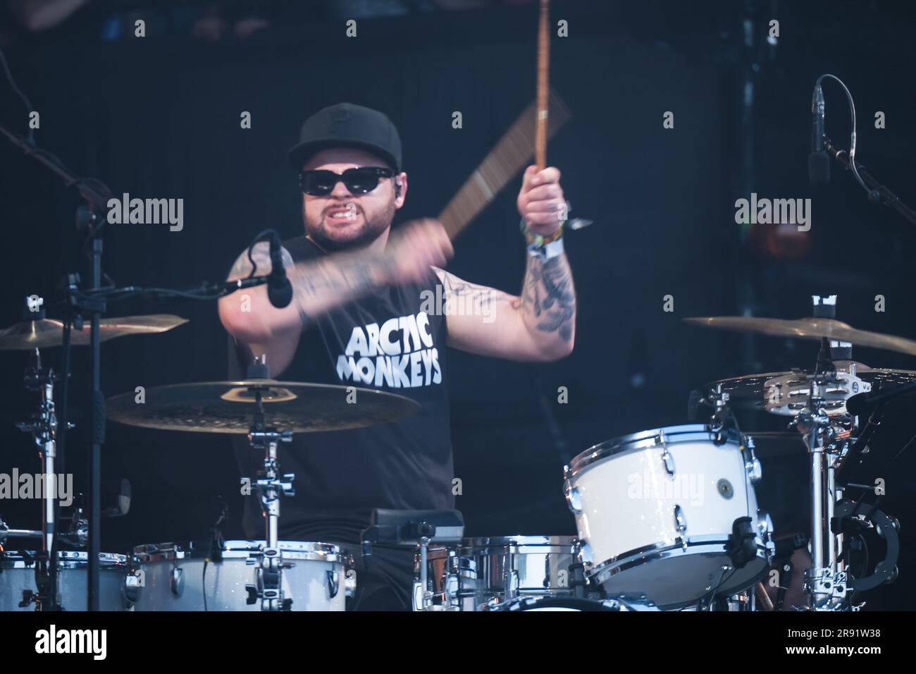 Glastonbury, UK. 23rd June, 2023. Ben Thatcher of Royal Blood ...