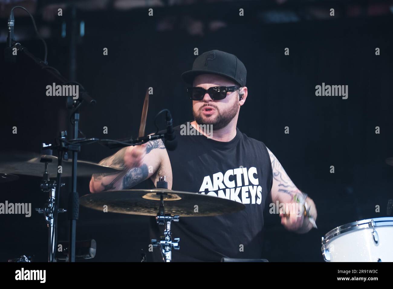 Glastonbury, UK. 23rd June, 2023. Ben Thatcher of Royal Blood ...