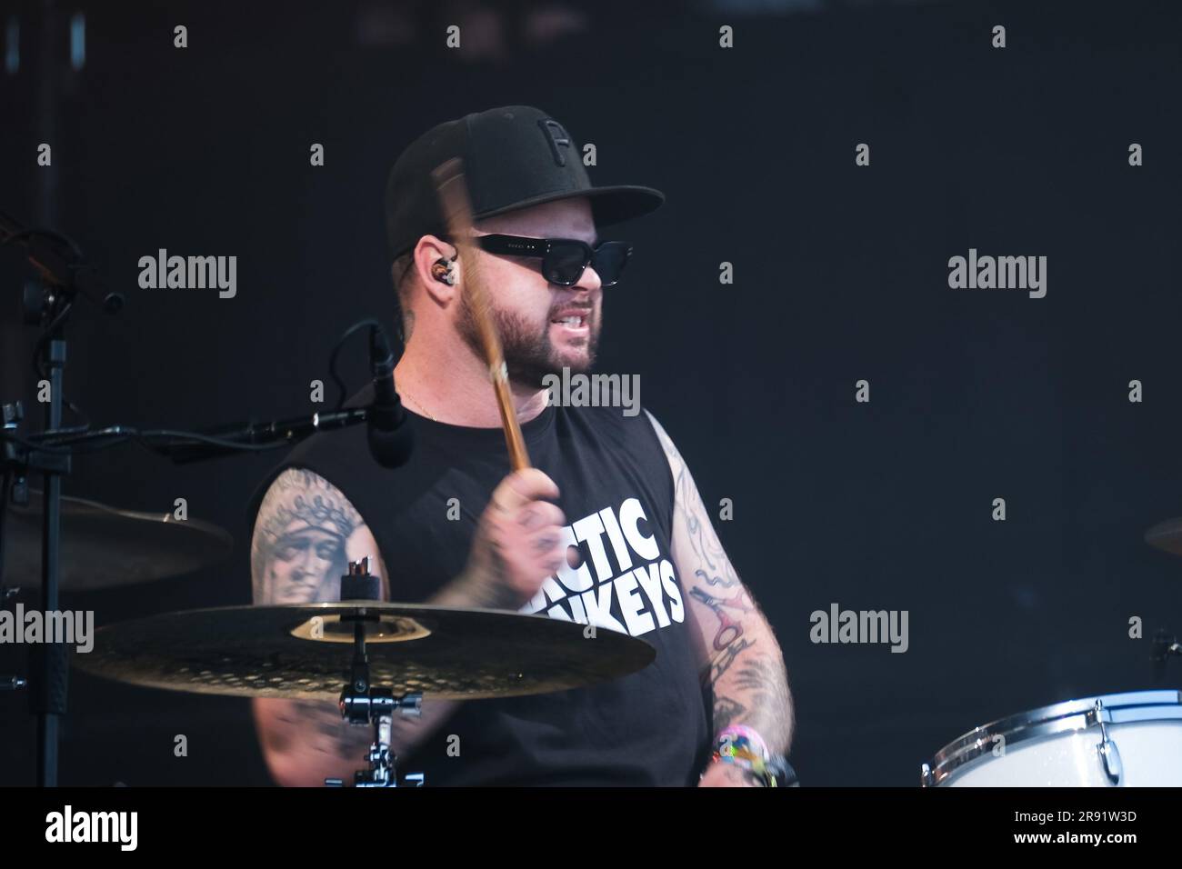 Glastonbury, UK. 23rd June, 2023. Ben Thatcher of Royal Blood ...