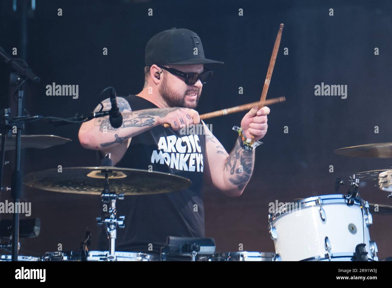Glastonbury, UK. 23rd June, 2023. Ben Thatcher of Royal Blood photographed performing on the ...