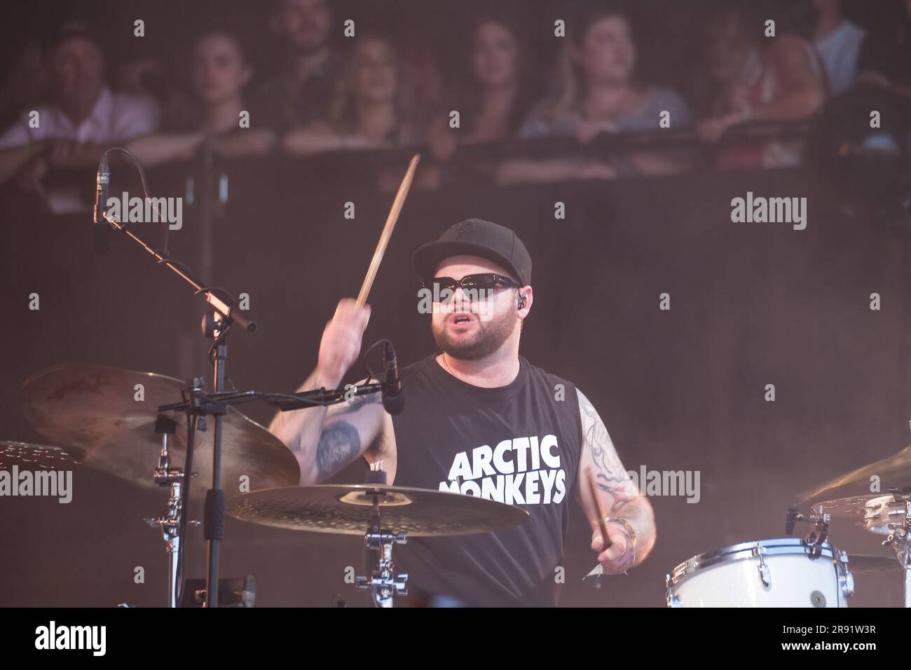 Glastonbury, UK. 23rd June, 2023. Ben Thatcher of Royal Blood ...
