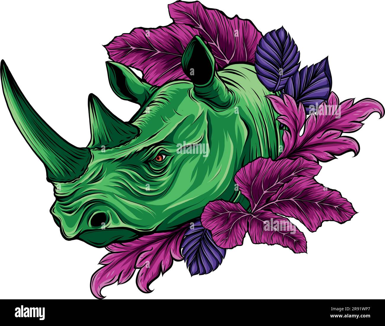 vector illustration of rhinoceros head with leaves Stock Vector Image ...