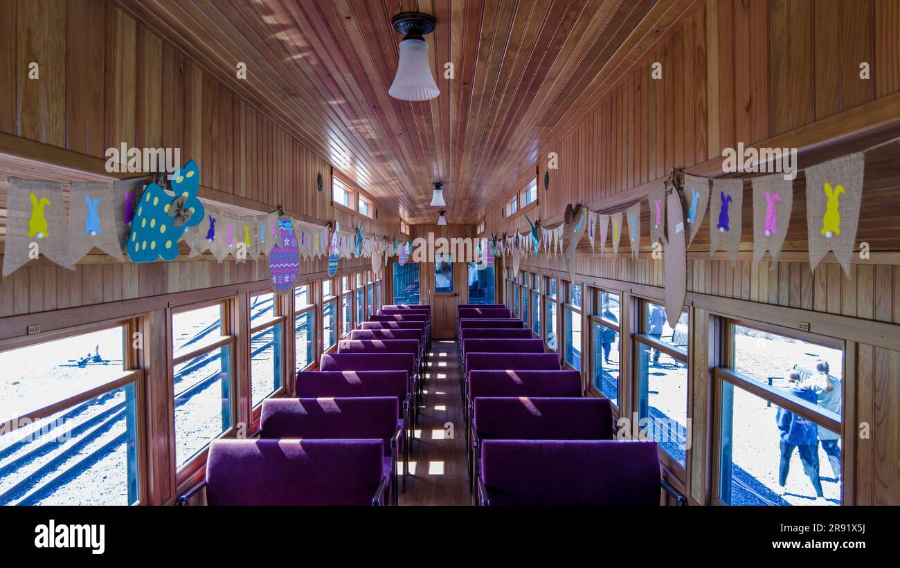 An Interior View of an Empty Antique Train Passenger Coach, Decorated ...