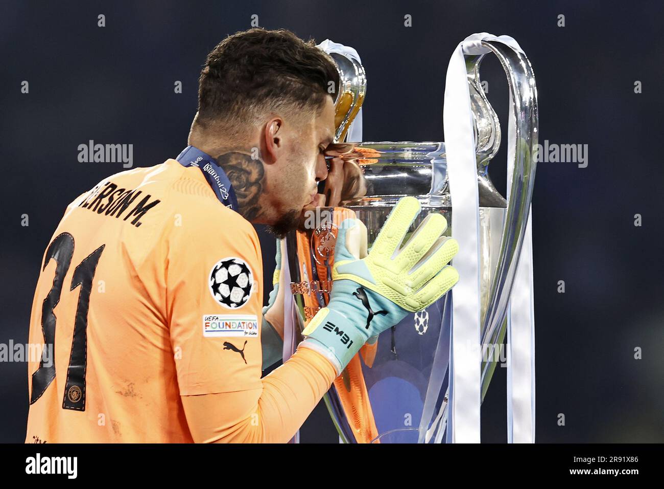 ISTANBUL - Manchester City FC goalkeeper Ederson kisses the UEFA ...