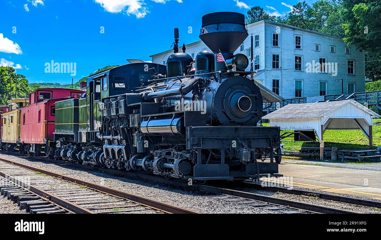 View of a Shay Steam Locomotive Warming Up to Pull a Group of Cabooses ...