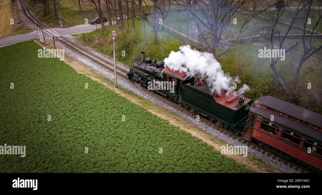 A Slightly Behind Aerial View of An Antique Passenger Steam Train ...