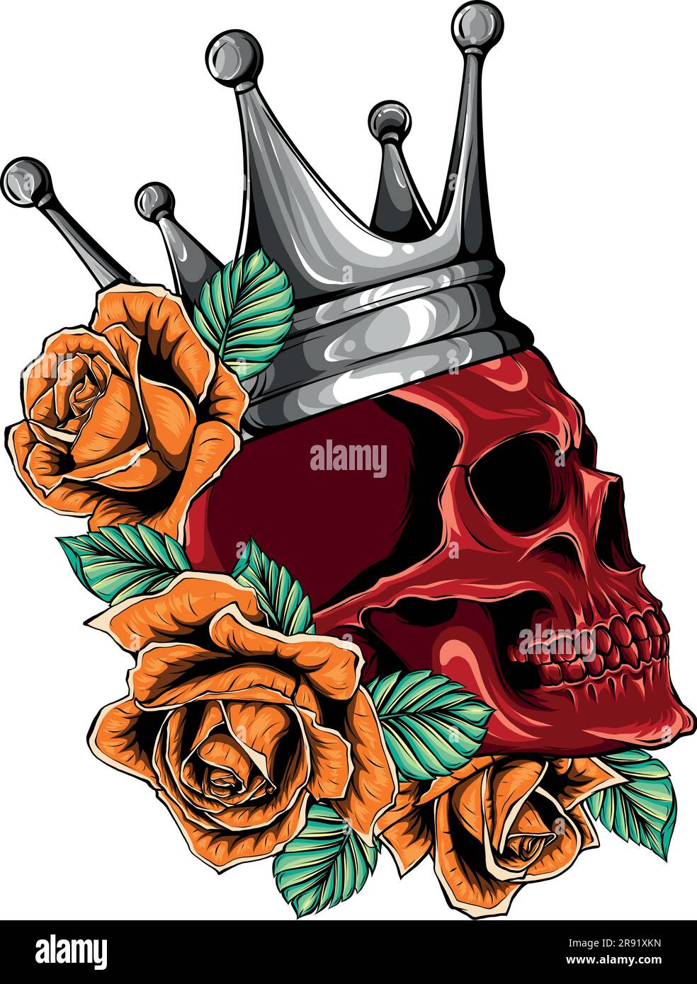 vector illustration of skulls crown and red roses on white background ...
