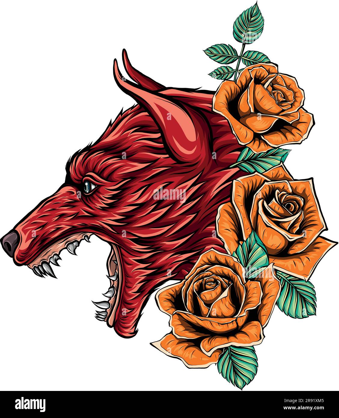 vector illustration of wolf and roses on whiet background Stock Vector ...