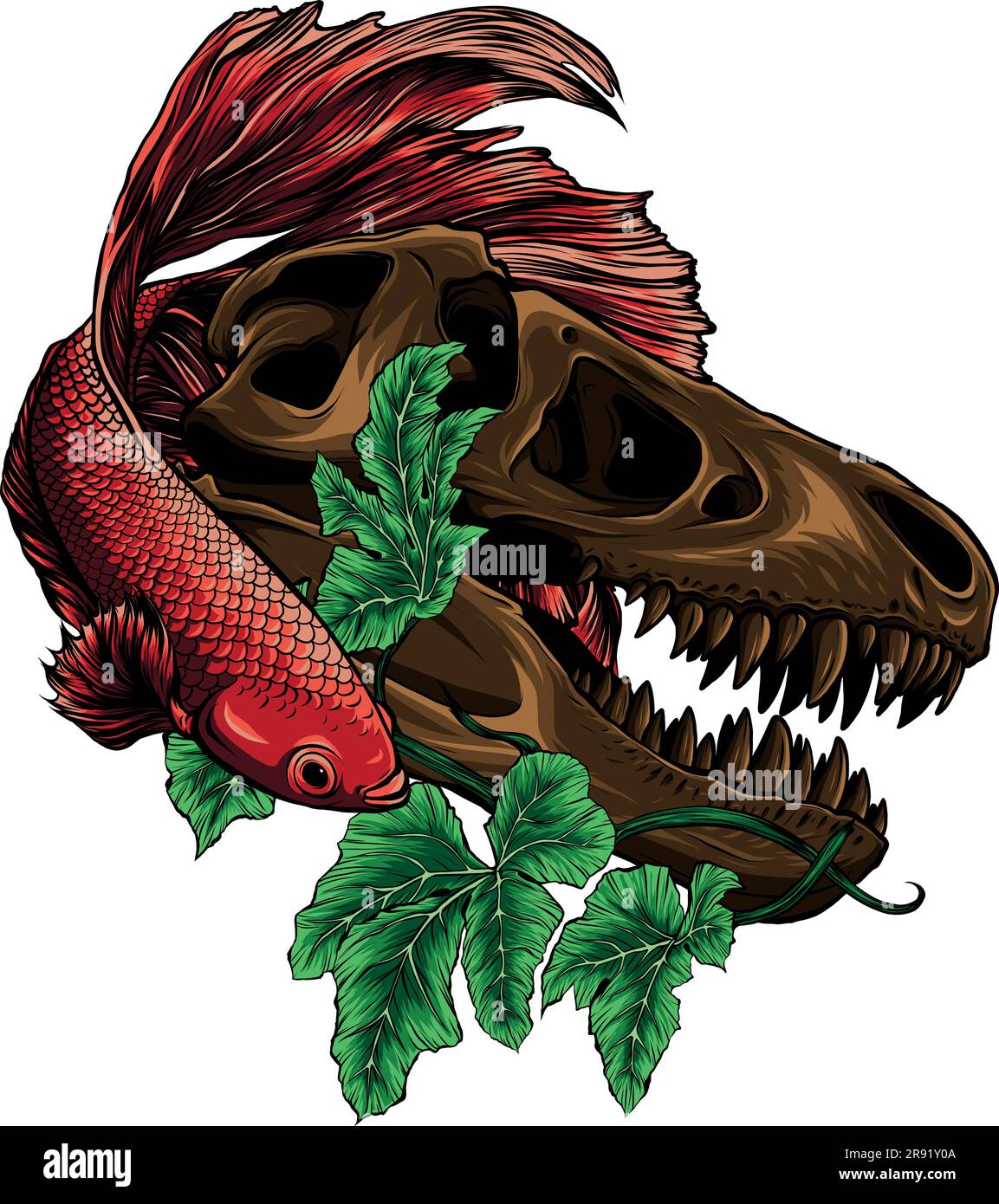 vector illustration of T-rex Skull with betta fish Stock Vector Image ...