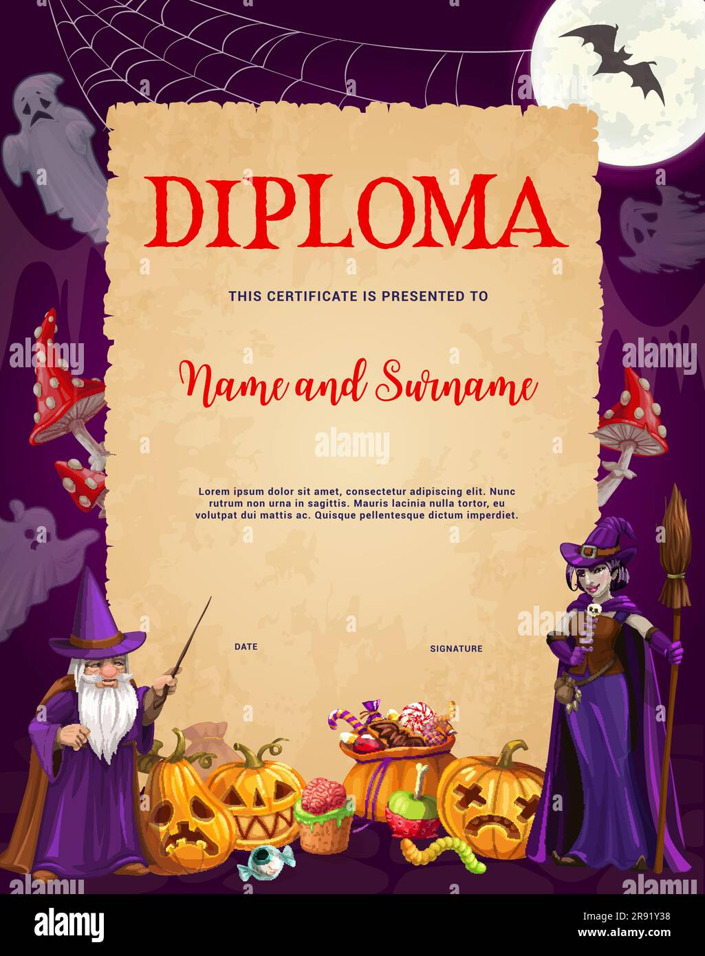 Kids halloween diploma with wizard and witch characters. Educational or ...
