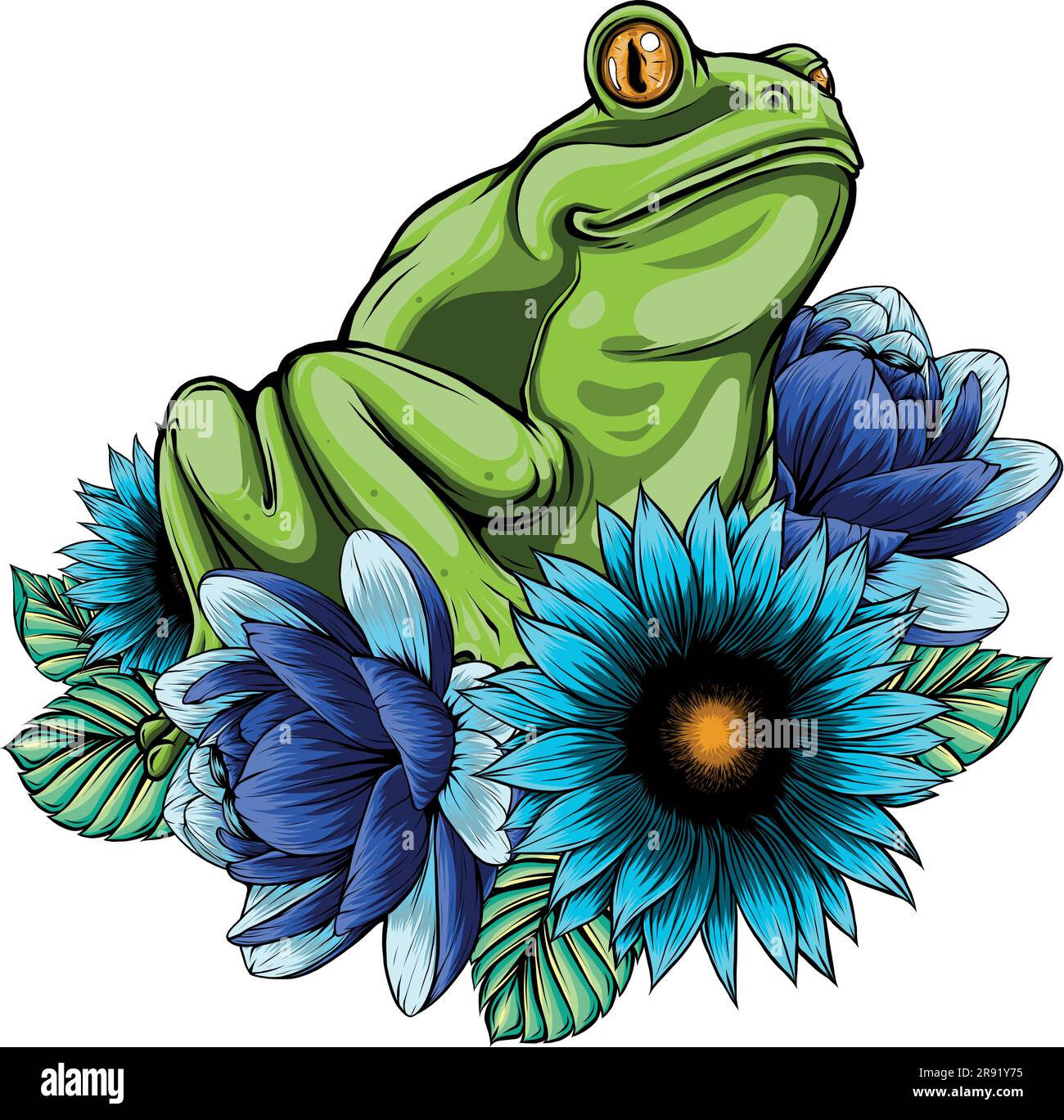 Frog with Eyes Sitting on Leaf of Waterlily Flower Vector Illustration ...