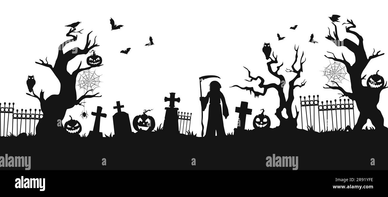 Halloween cemetery silhouettes. Vector creepy graveyard, horror night ...