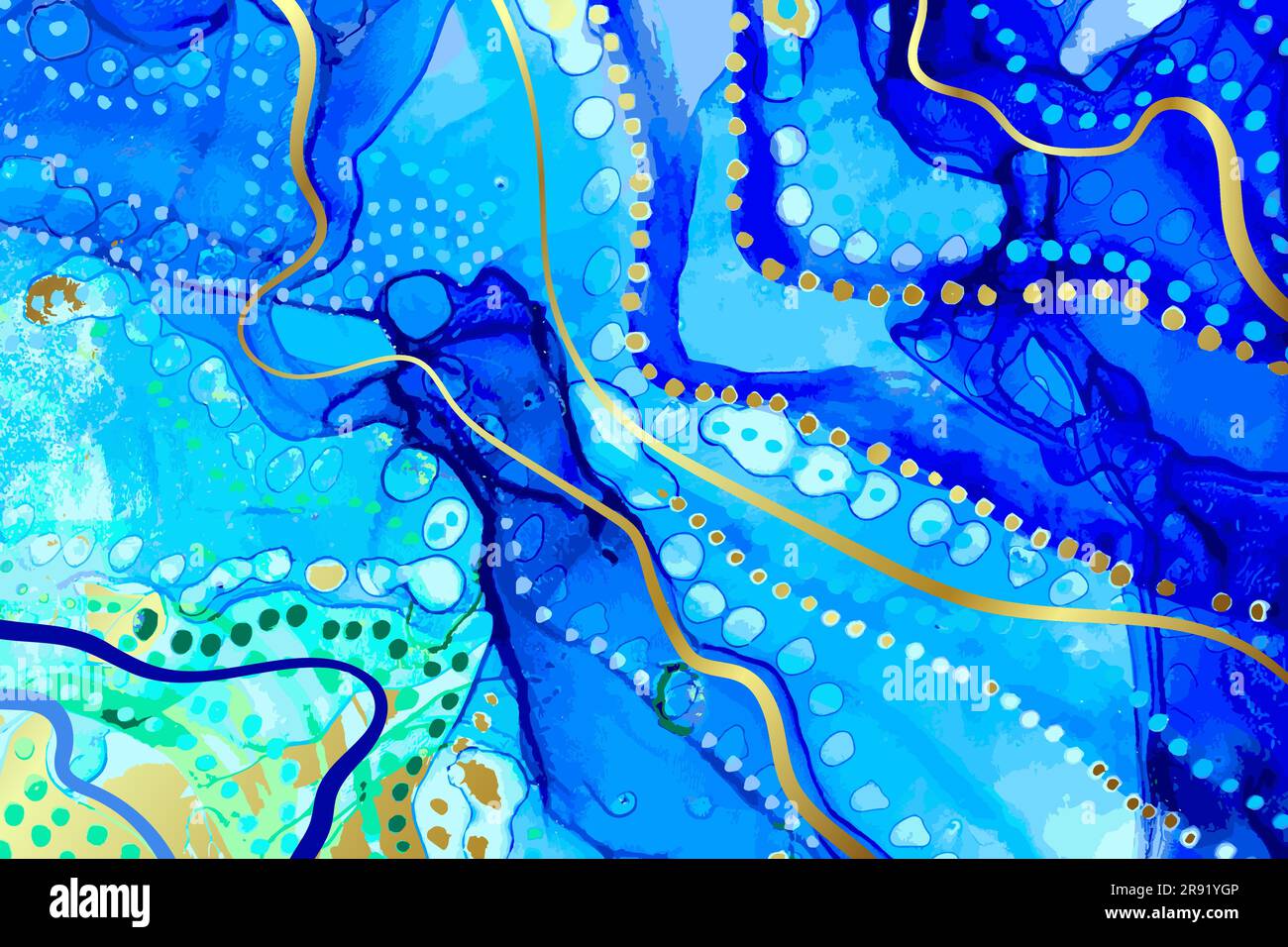Blue and Gold Wave and Bubbles Artwork Watercolor Vector Template Stock ...