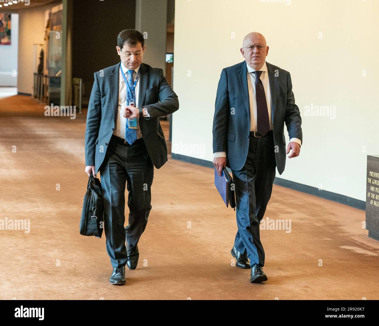 Ambassadors of Russia Dmitry Polyanskiy and Vassily Nebenzia arrive for ...