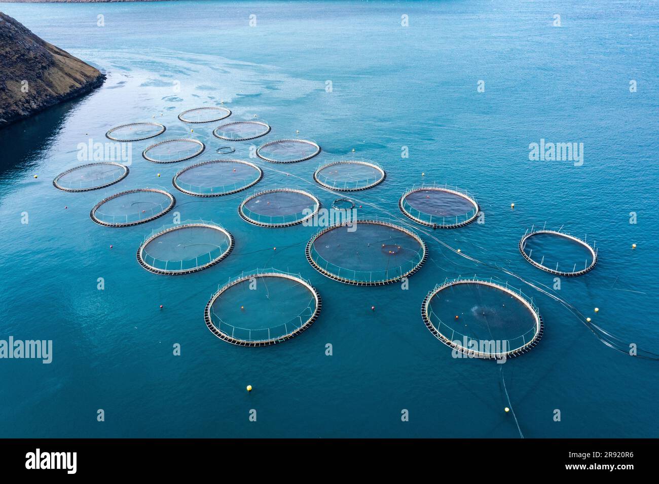 Salmon fish farm in ocean water near coast of Streymay Island Stock ...