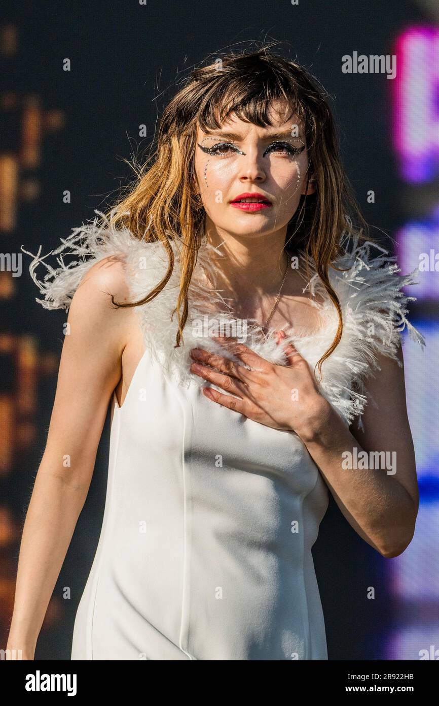 Glastonbury, UK. 23rd June, 2023. Chvrches (pictured Lauren Mayberry ...
