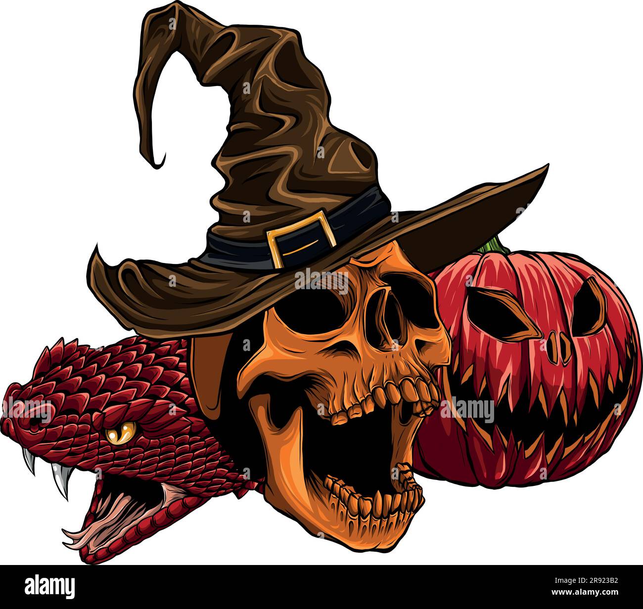 halloween cute wizard skull head with pumpkin and snake Stock Vector ...