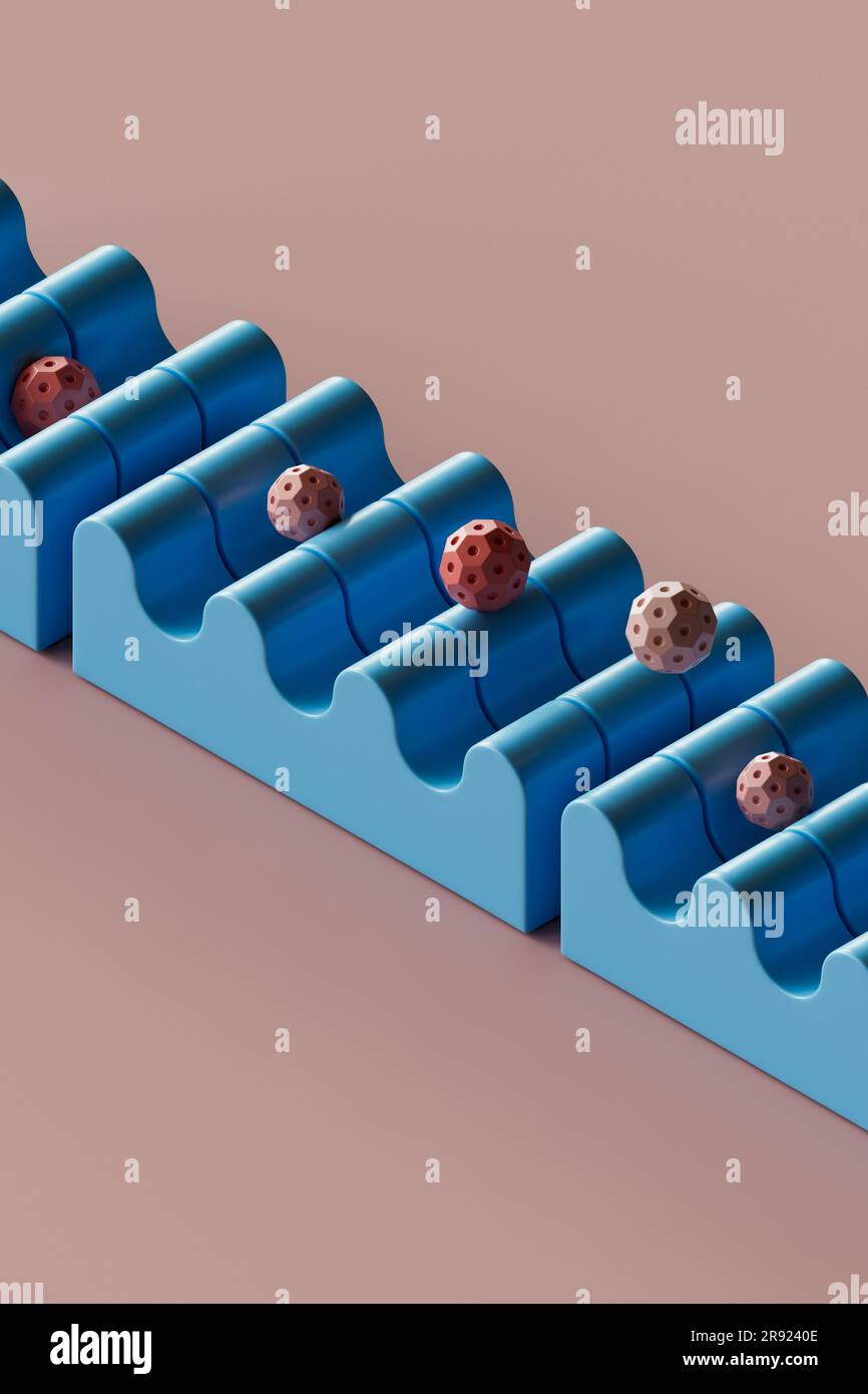 3D render of spheres bouncing on wavy objects Stock Photo - Alamy