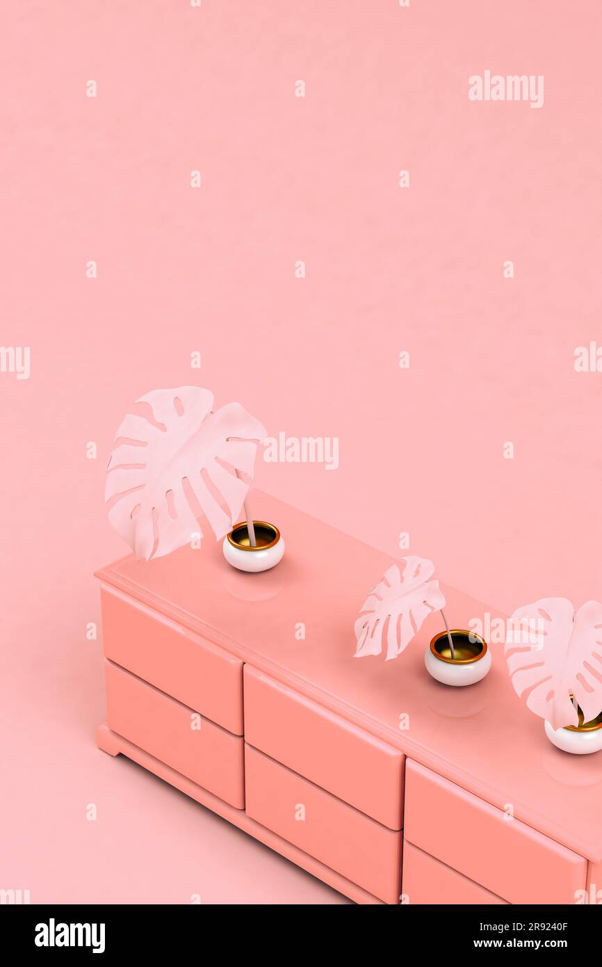3D render of pink monstera plants standing on pink cabinet Stock Photo ...