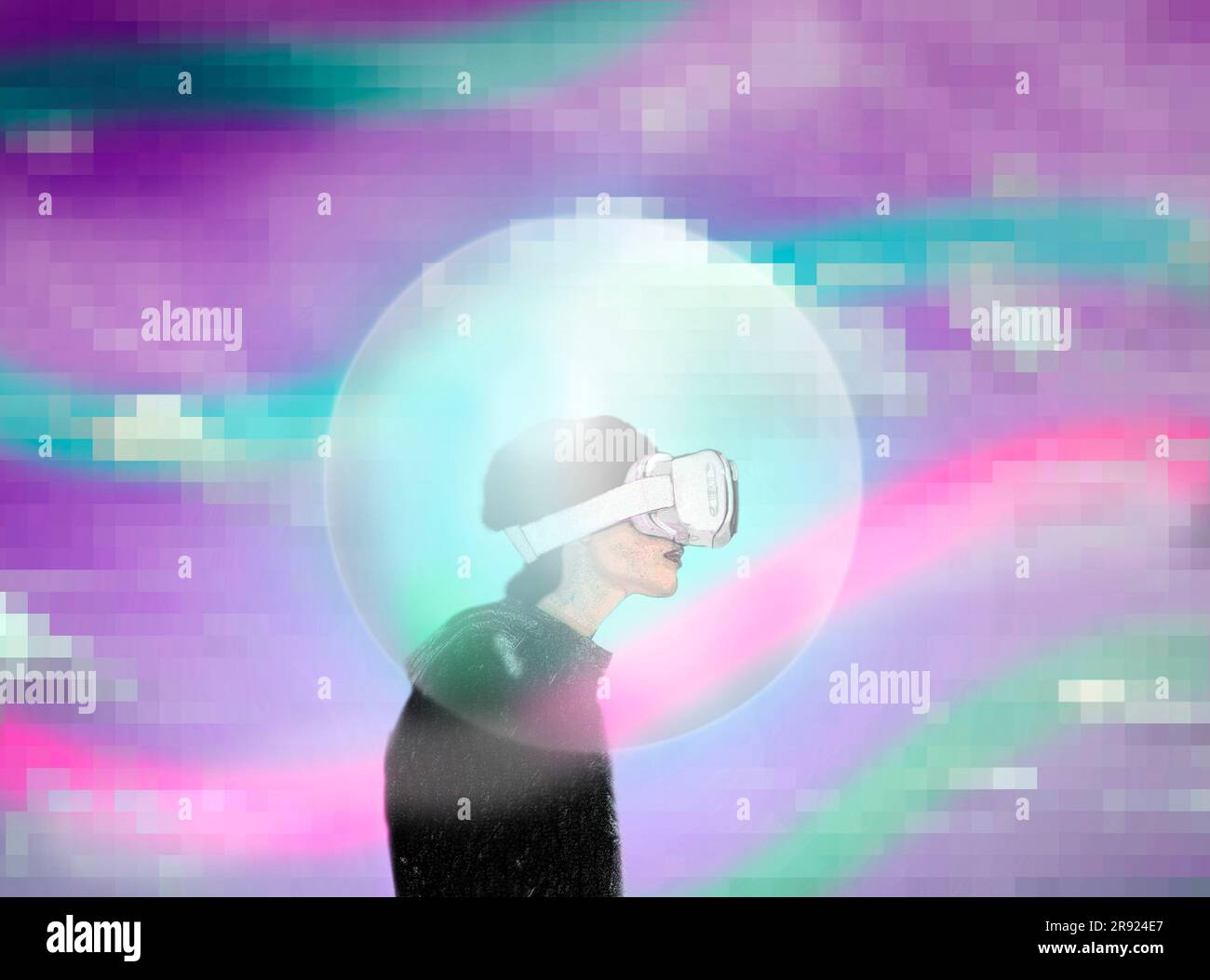 Illustration of bubble protecting woman wearing VR set Stock Photo - Alamy