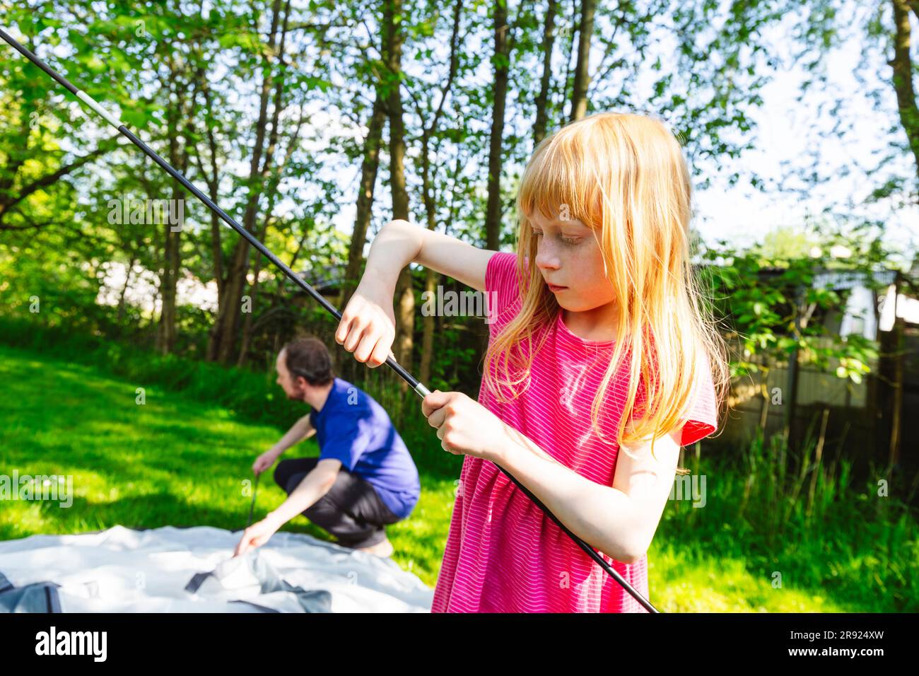 Girl helping father to prepare tent for camping Stock Photo - Alamy