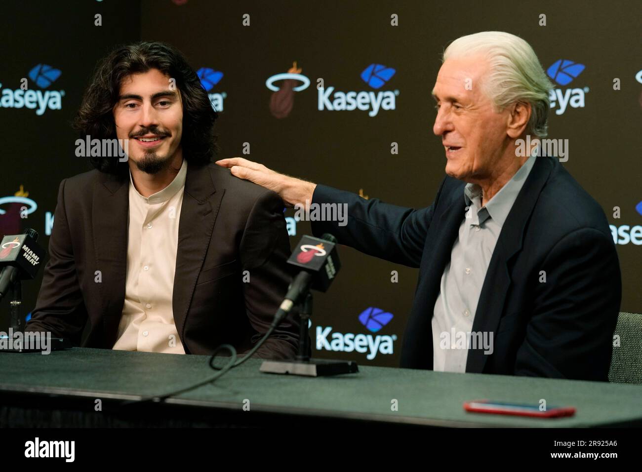 Miami Heat president Pat Riley, right, introduces Jaime Jaquez Jr ...
