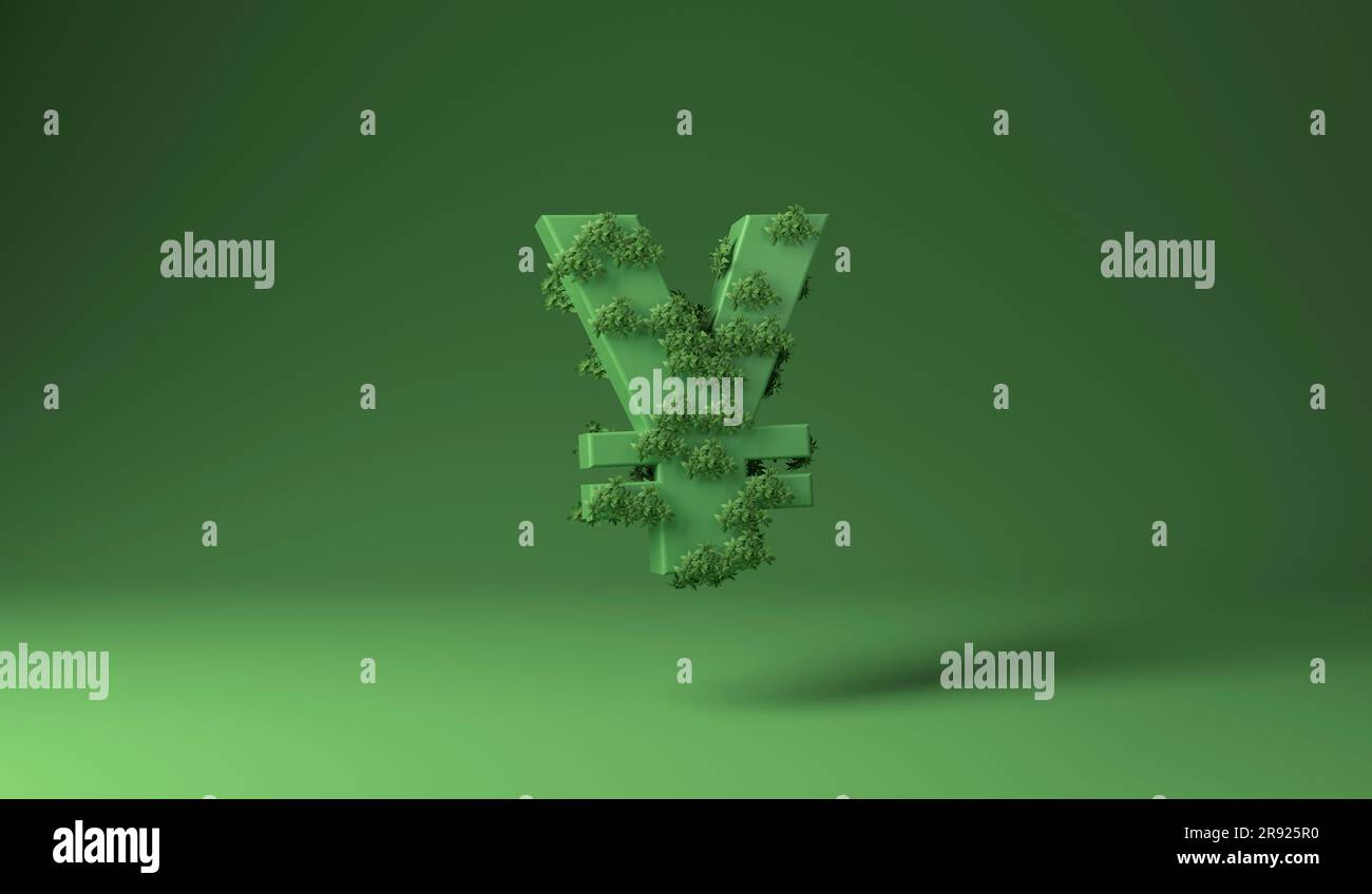Yen or Yuan sign covered with green plants against green background ...