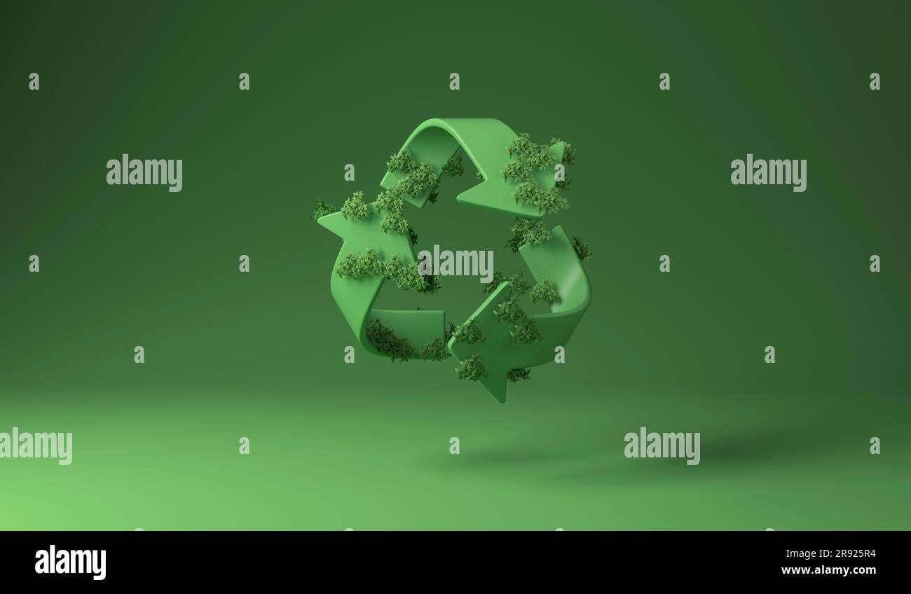 Recycle sign covered with green plants against green background Stock ...